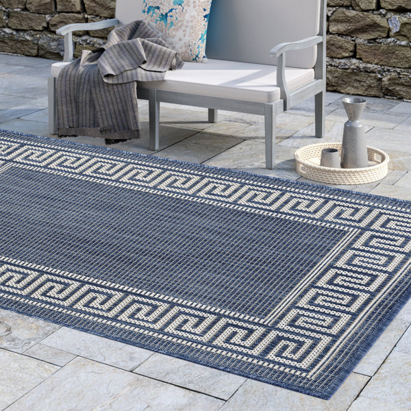 Beachcrest Home Tapis bleu marine / crème à tissage plat extérieur / intérieur facile à ...